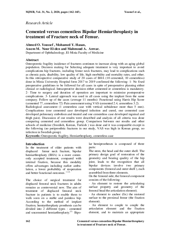 (PDF) Cemented versus cementless Bipolar Hemiarthroplasty in treatment ...