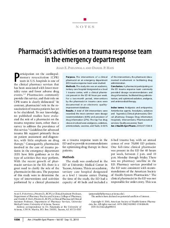 (PDF) Pharmacist’s activities on a trauma response team in the ...