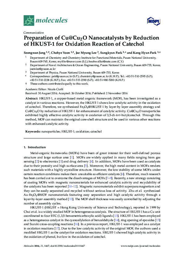 (PDF) Preparation of Cu@Cu₂O Nanocatalysts by Reduction of HKUST-1 for ...