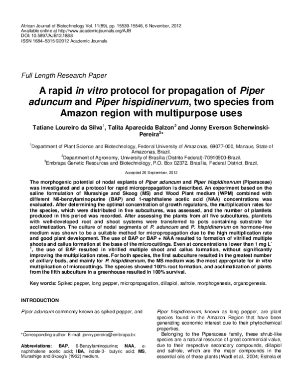 (PDF) A rapid in vitro protocol for propagation of Piper aduncum and ...