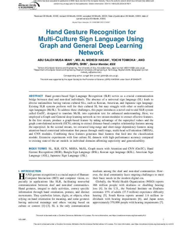 (PDF) Hand Gesture Recognition for Multi-Culture Sign Language Using Graph and General Deep ...