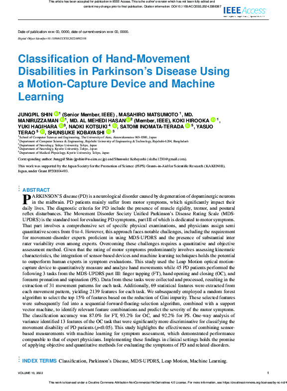 (PDF) Classification of Hand-Movement Disabilities in Parkinson’s Disease Using a Motion-Capture ...