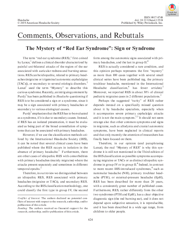 (PDF) The Mystery of “Red Ear Syndrome”: Sign or Syndrome