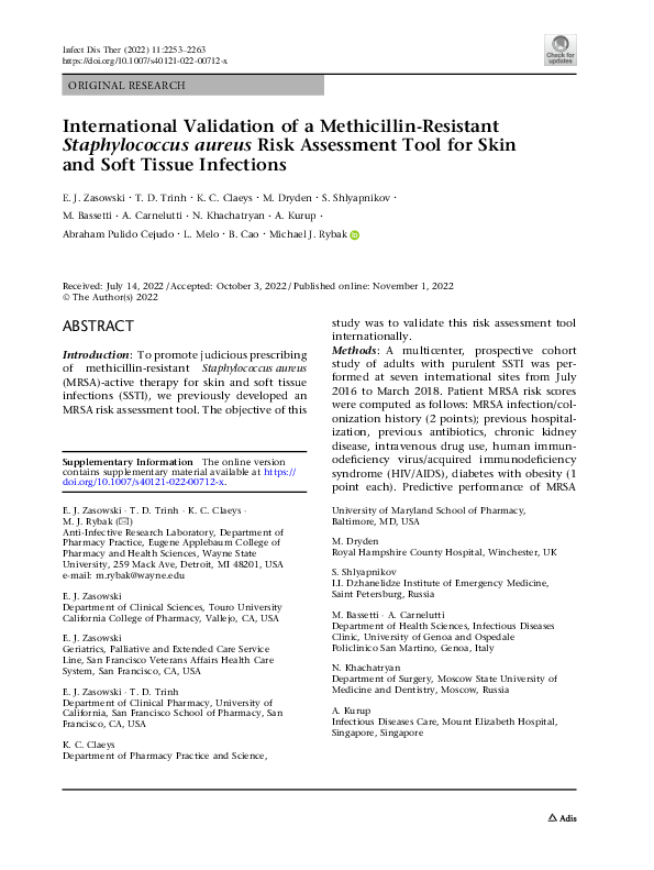 (PDF) International Validation of a Methicillin-Resistant Staphylococcus aureus Risk Assessment ...