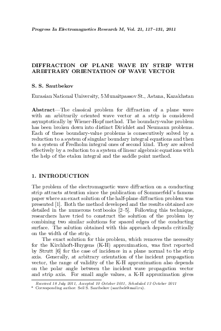(PDF) Diffraction of Plane Wave by Strip with Arbitrary Orientation of Wave Vector
