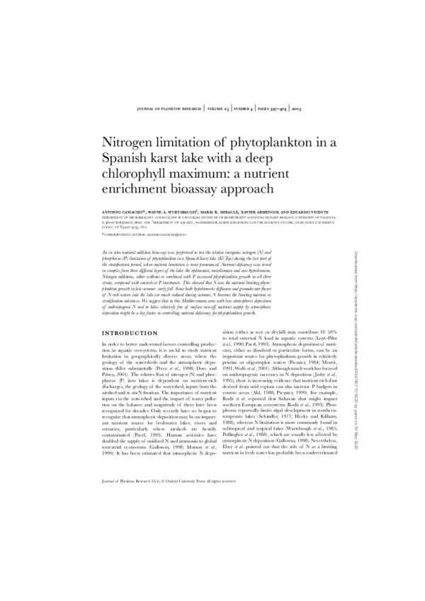 (PDF) Nitrogen limitation of phytoplankton in a Spanish karst lake with ...