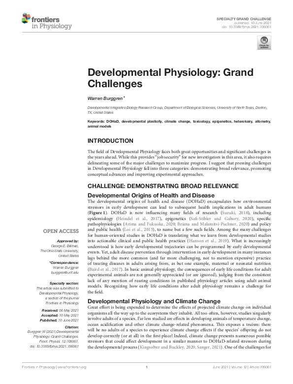 (PDF) Developmental Physiology: Grand Challenges