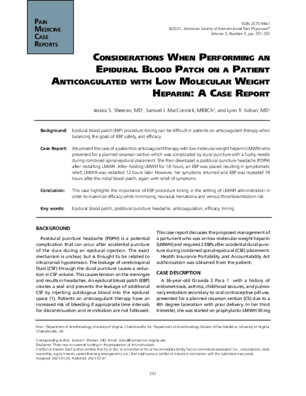 (PDF) Considerations When Performing an Epidural Blood Patch on a ...