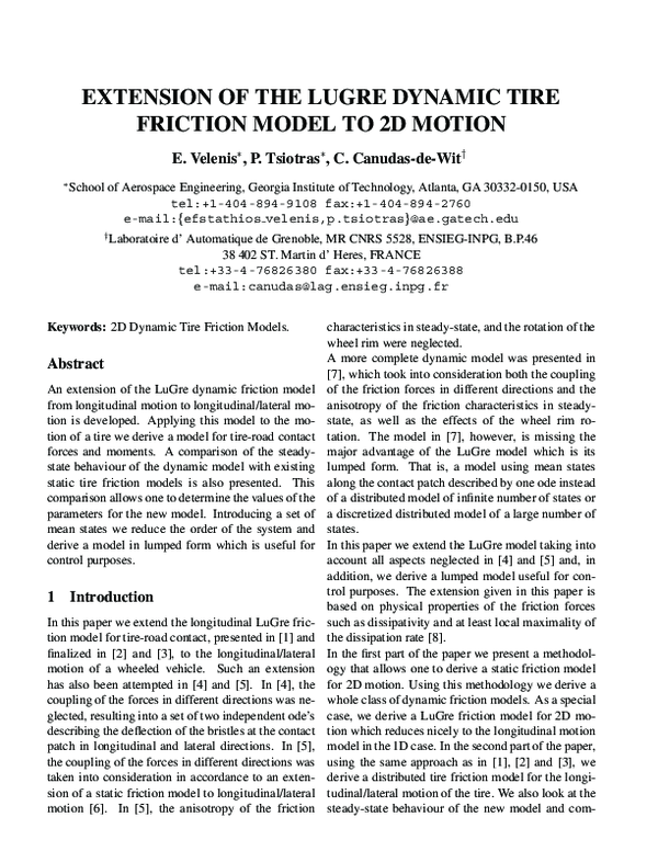 (PDF) Extension of the Lugre Dynamic Tire Friction Model to 2D Motion