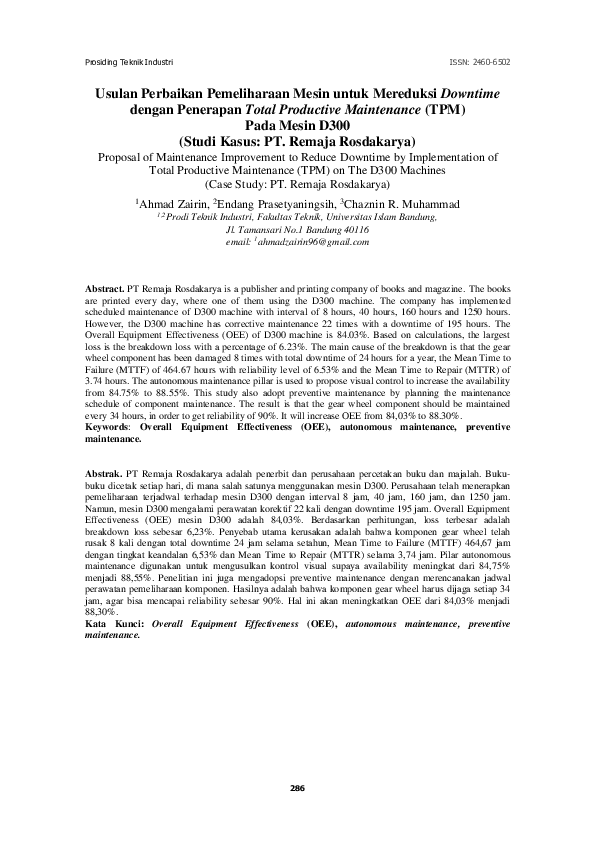 (PDF) Usulan Perbaikan Pemeliharaan Mesin untuk Mereduksi Downtime ...
