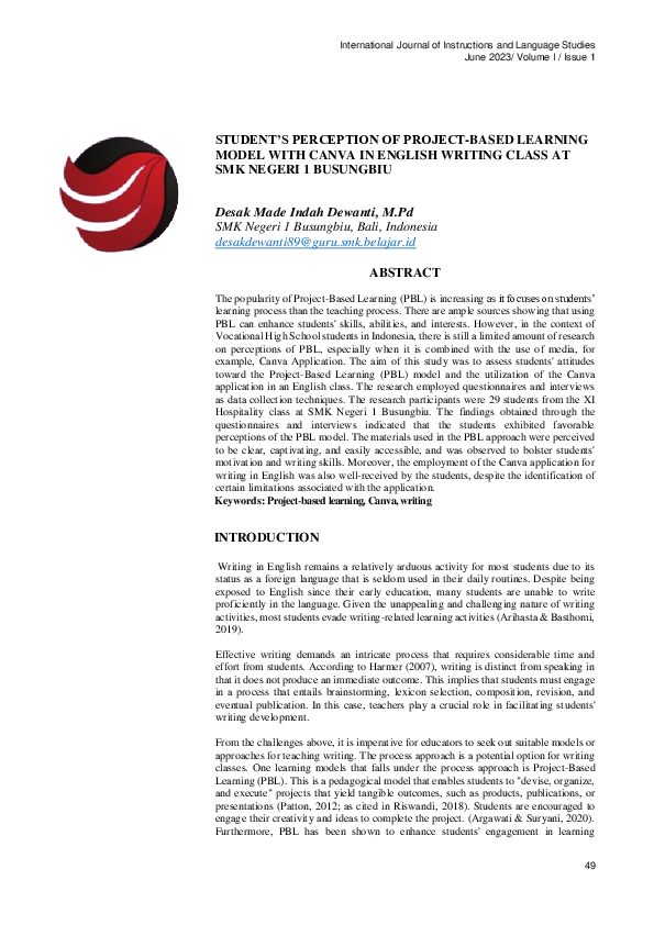 (PDF) Student’s Perception of Project-Based Learning Model with Canva in English Writing Class ...