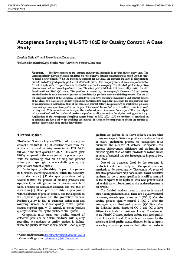 (PDF) Acceptance Sampling MIL-STD 105E for Quality Control: A Case Study