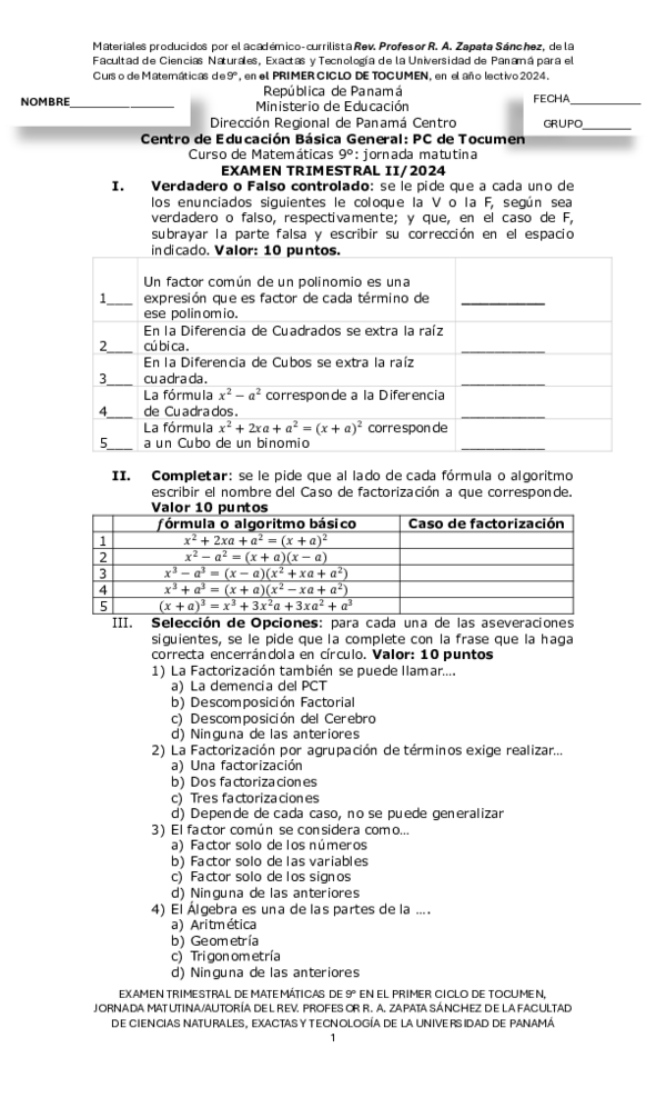 (PDF) Examen Trimestral de Matemáticas del IX nivel de la Educación Básica General