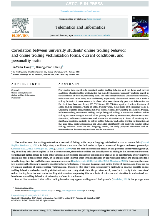 (PDF) Correlation between university students’ online trolling behavior ...