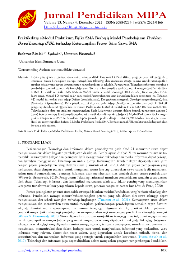 (PDF) Praktikalitas e-Modul Praktikum Fisika SMA Berbasis Model Pembelajaran Problem Based ...