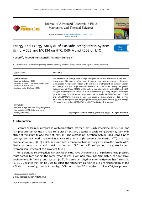 (PDF) Energy and Exergy Analysis of Cascade Refrigeration System Using MC22 and MC134 on HTC ...