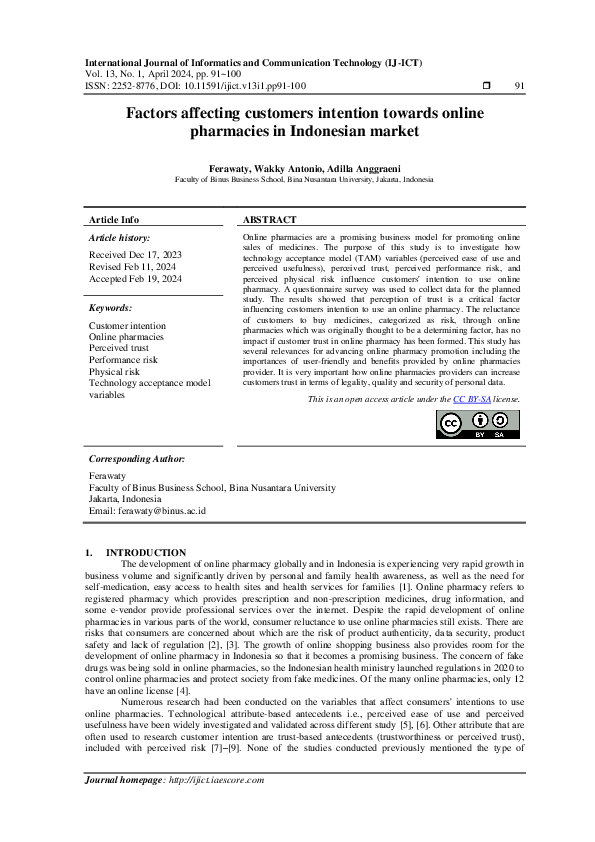 (PDF) Factors affecting customers intention towards online pharmacies in Indonesian market