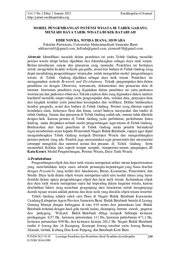 (PDF) MODEL PENGEMBANGAN POTENSI WISATA DI TABEK GADANG MENJADI DAYA ...
