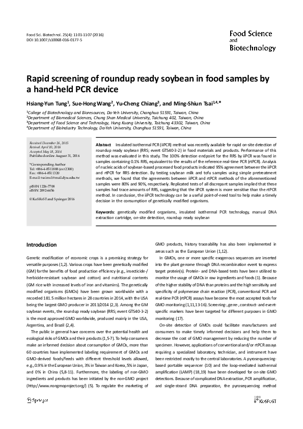 (PDF) Rapid screening of roundup ready soybean in food samples by a hand-held PCR device | Ming ...