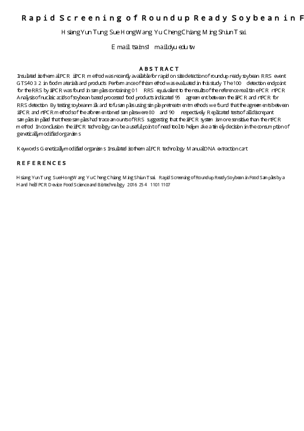 (PDF) Rapid screening of roundup ready soybean in food samples by a hand-held PCR device | Ming ...