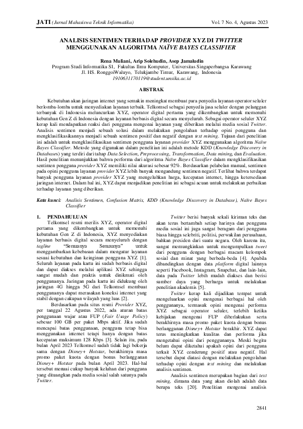 (PDF) Analisis Sentimen Terhadap Provider Xyz DI Twitter Menggunakan Algoritma Naïve Bayes ...