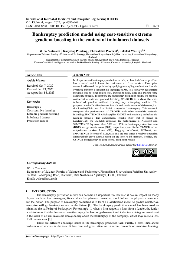 Pdf Bankruptcy Prediction Model Using Cost Sensitive Extreme Gradient Boosting In The Context
