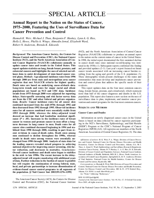 (PDF) SPECIAL ARTICLE Annual Report to the Nation on the Status of ...