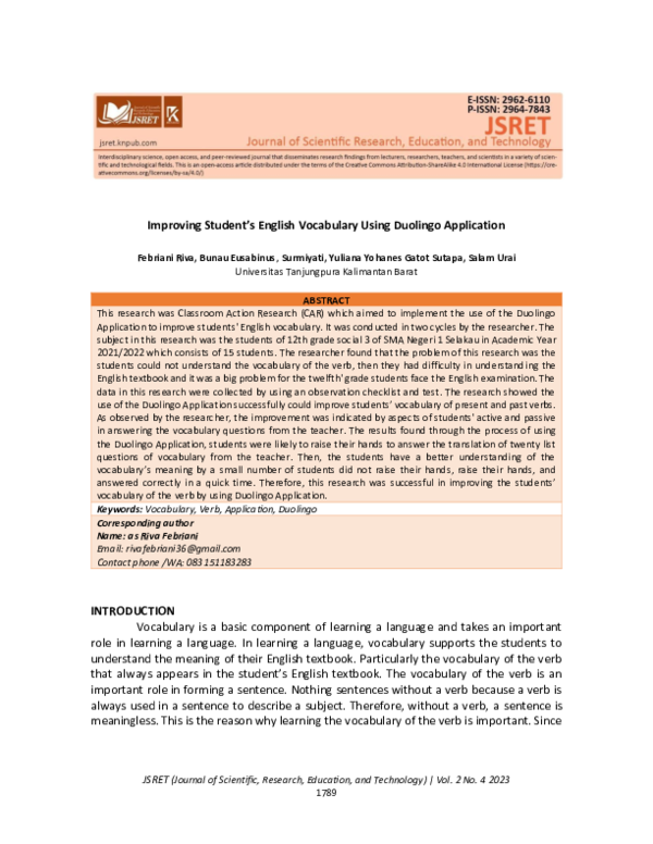 (PDF) Improving Student’s English Vocabulary Using Duolingo Application