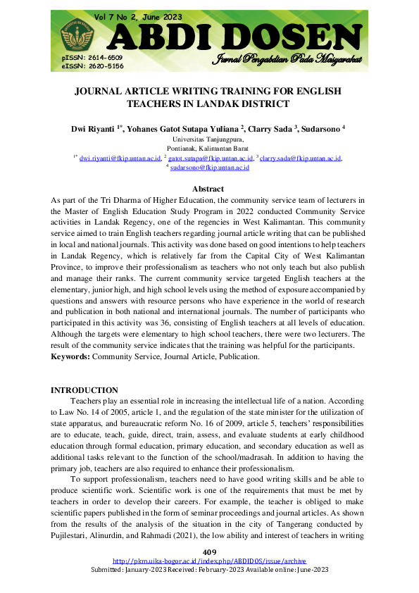 (PDF) Journal Article Writing Training for English Teachers in Landak ...