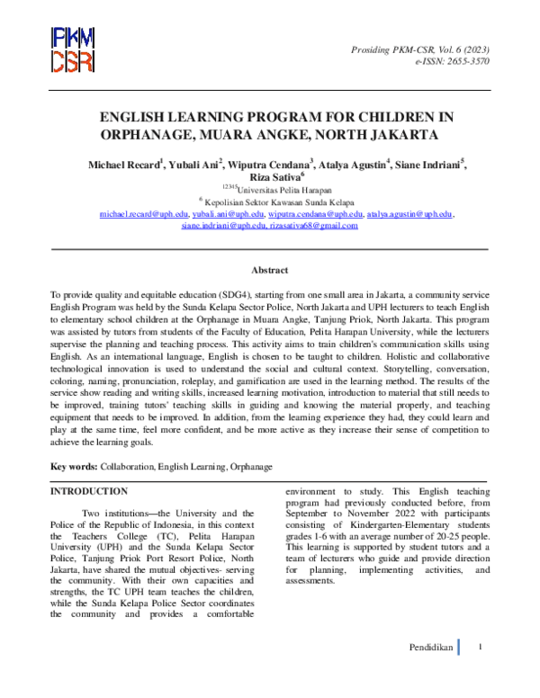 (PDF) English Learning Program for Children in Orphanage, Muara Angke ...