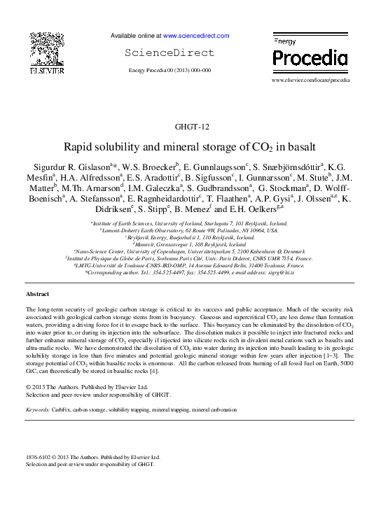 (PDF) Rapid solubility and mineral storage of CO2 in basalt