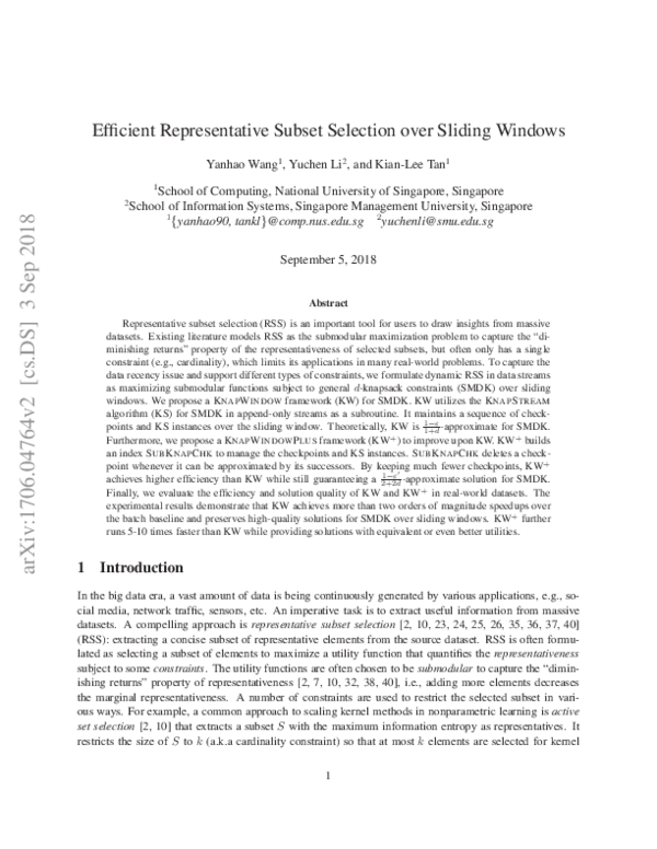 (PDF) Efficient Representative Subset Selection over Sliding Windows