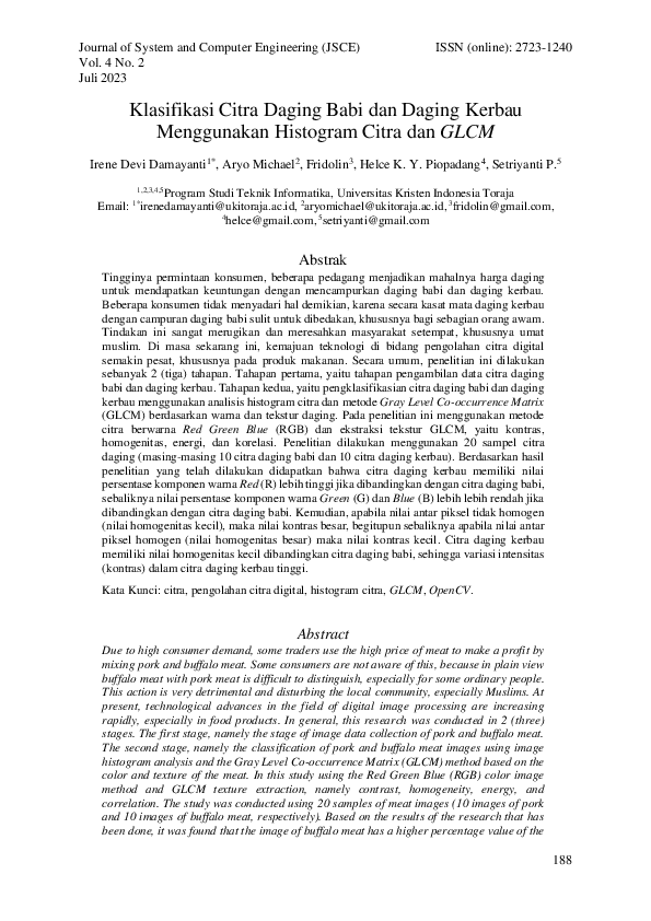(PDF) Klasifikasi Citra Daging Babi dan Daging Kerbau Menggunakan Histogram Citra dan GLCM