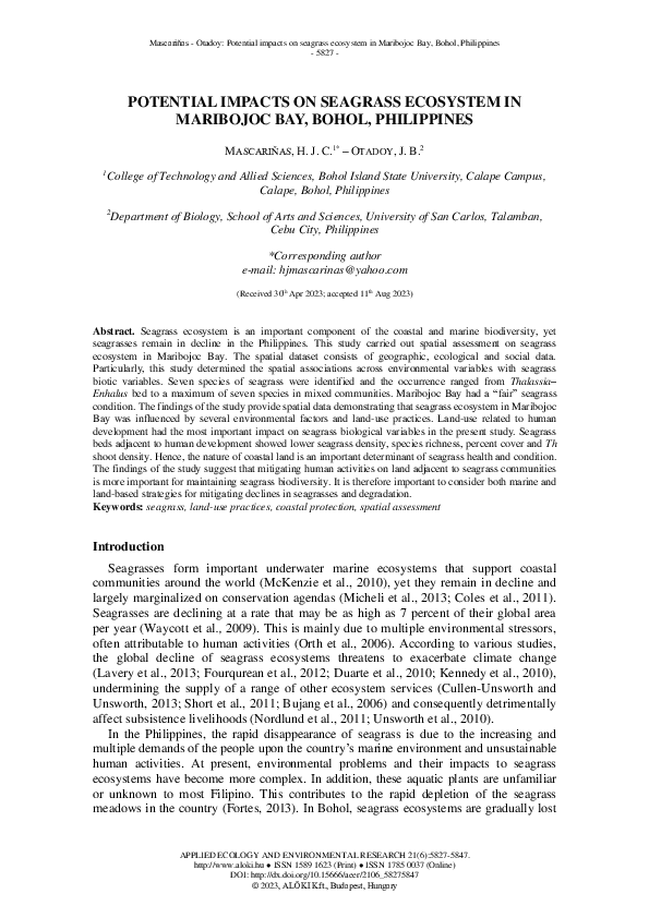 (PDF) Potential Impacts on Seagrass Ecosystem in Maribojoc Bay, Bohol ...
