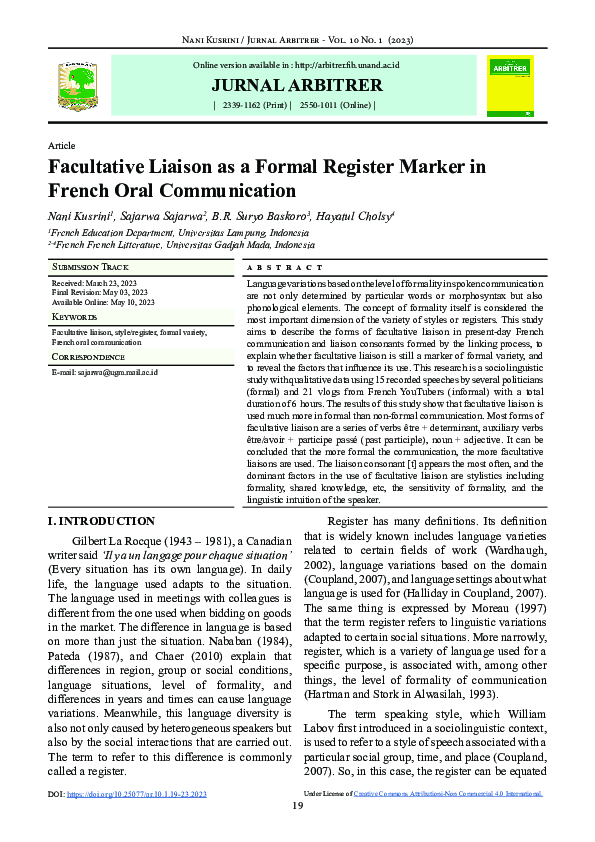 (PDF) Facultative Liaison as a Formal Register Marker in French Oral ...
