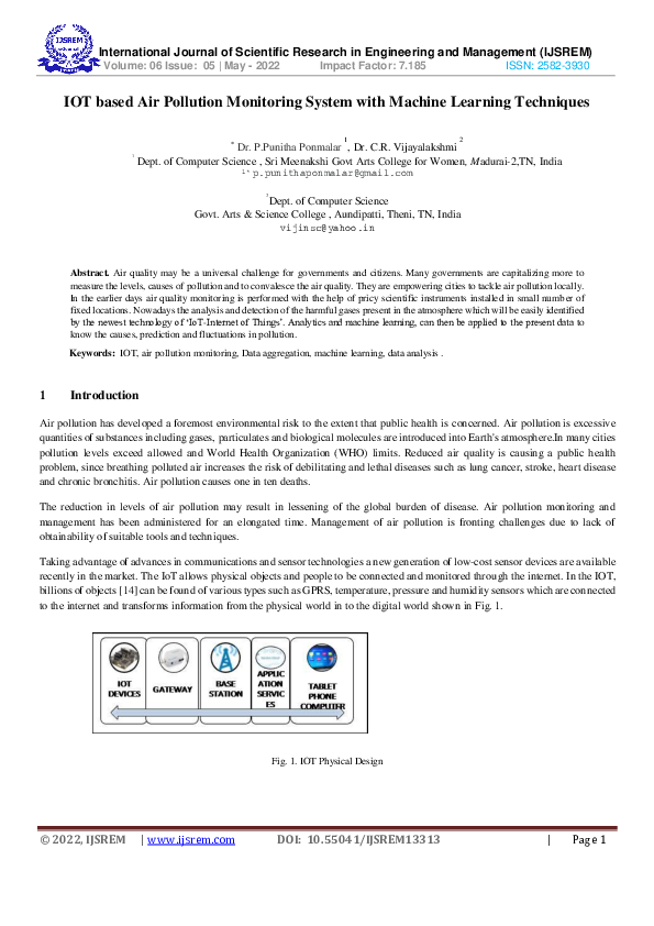(PDF) IOT based Air Pollution Monitoring System with Machine Learning Techniques