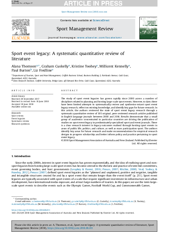 (PDF) Sport event legacy: A systematic quantitative review of literature
