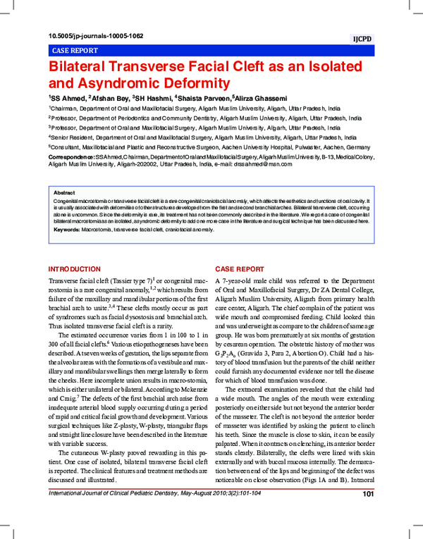 (PDF) Bilateral transverse facial cleft as an isolated deformity: Case ...