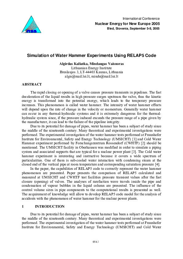 (PDF) Simulation of water hammer experiments using RELAP5 code
