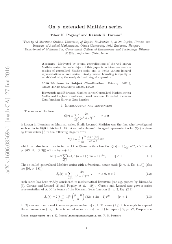 (PDF) On $p$--extended Mathieu series