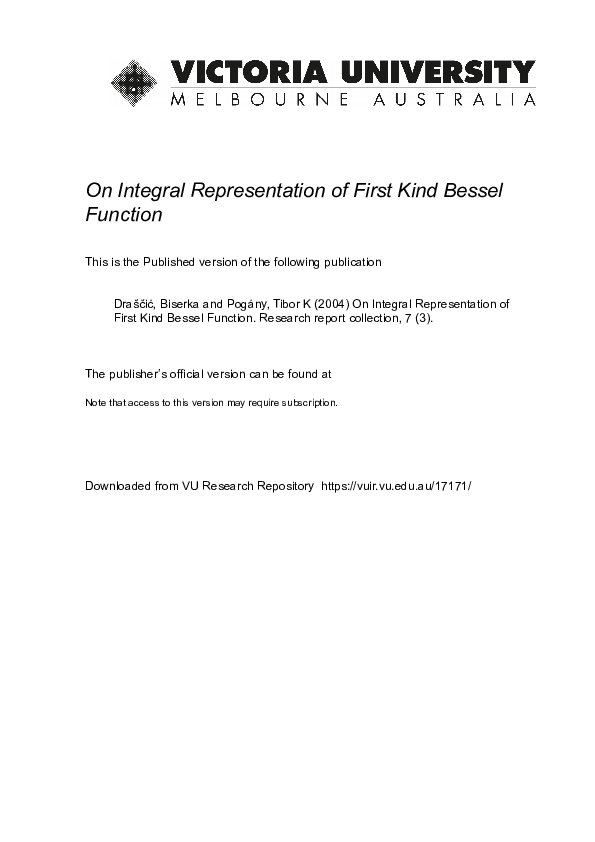 (PDF) On integral representation of first kind Bessel function
