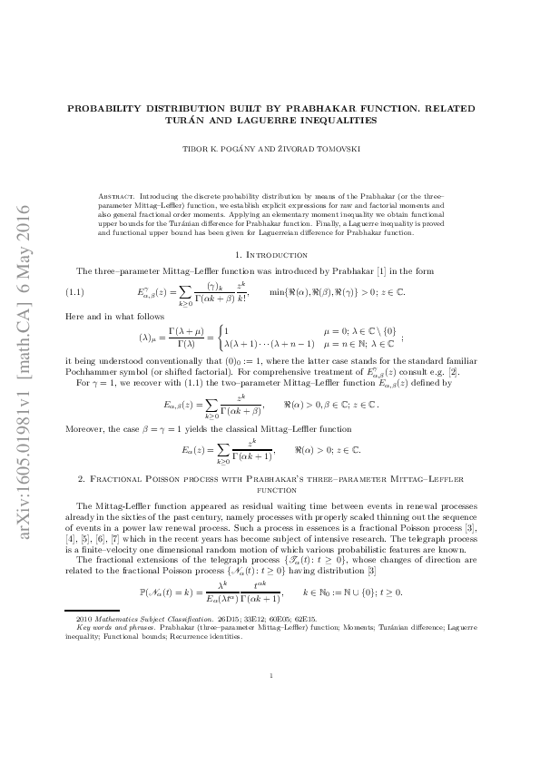 (PDF) Probability distribution built by Prabhakar function. Related ...