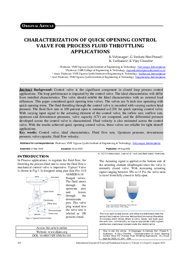 (PDF) CHARACTERIZATION OF QUICK OPENING CONTROL VALVE FOR PROCESS FLUID THROTTLING APPLICATIONS