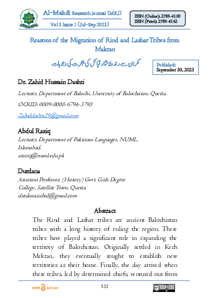 (PDF) Reasons of the Migration of Rind and Lashar Tribes from Mekran