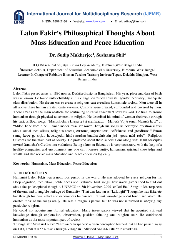 (PDF) Lalon Fakir’s Philosophical Thoughts About Mass Education and Peace Education