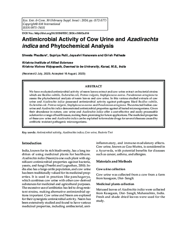 (PDF) Antimicrobial Activity of Cow Urine and Azadirachta indica and Phytochemical Analysis