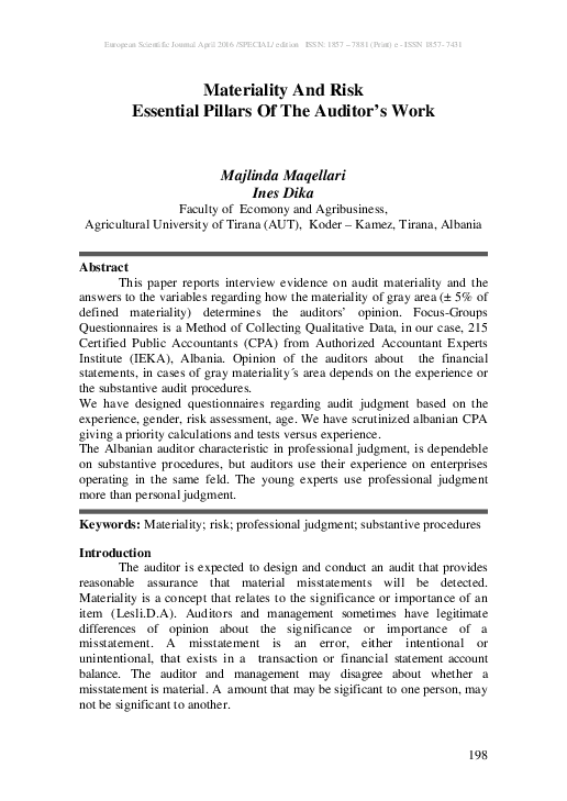 (PDF) Materiality And Risk Essential Pillars Of The Auditor's Work