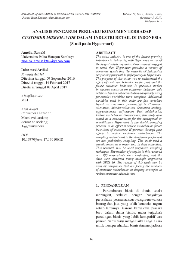 (PDF) ANALISIS PENGARUH PERILAKU KONSUMEN TERHADAP CUSTOMER MISBEHAVIOR ...
