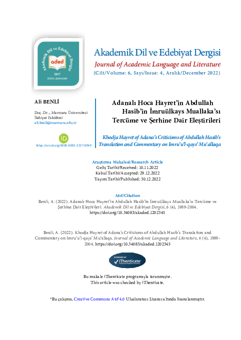 (PDF) Adanalı Hoca Hayret’in Abdullah Hasîb’in İmruülkays Muallaka’sı Tercüme ve Şerhine Dair ...
