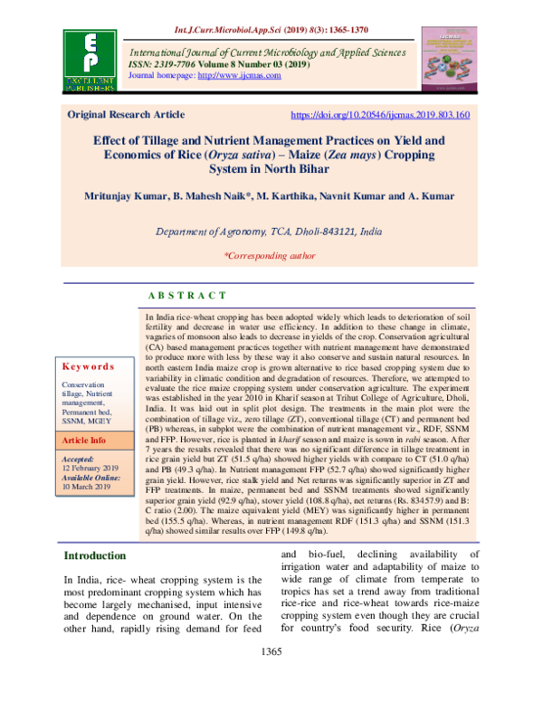(PDF) Effect of Tillage and Nutrient Management Practices on Yield and Economics of Rice (Oryza ...